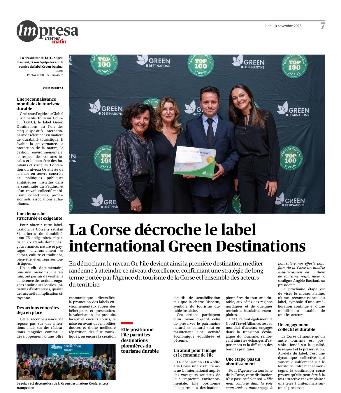 Corse-Matin "La Corse décroche le label international Green Destinations" - ATC Corsica